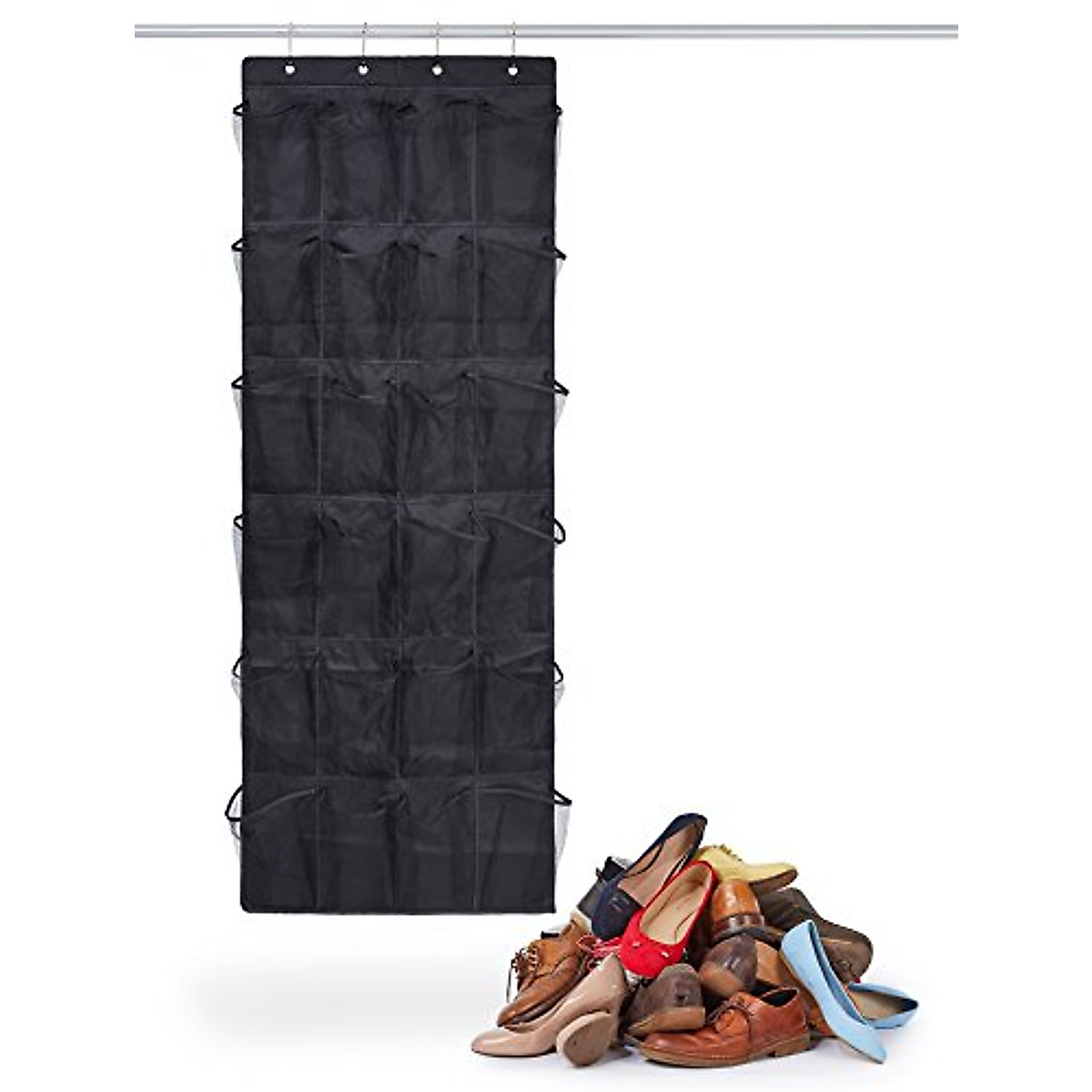 Bilpa Shoe Organizer, Over The Door Hanging Closet Rack | 24 Large Mesh Pockets Fit Up to Size 14 | Strong Metal Hooks | Sturdy Black Fabric Holder| Perfect Storage for Trainers, Boots, Sandals