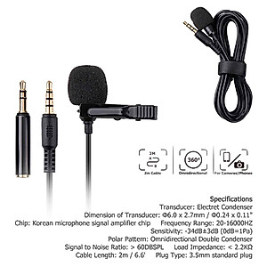 Lapel Lavalier Microphone Clip-on Lav Mic for Sony A7C II ZV-1 II ZV1 ZV-1F RX100 VII A6700 A6600 A6300 A6100 A7IV A7 III II A7S Canon G7X III M50 R50 R100 R RP Nikon Z6 Z7 II Z30 Z50 & More Cameras