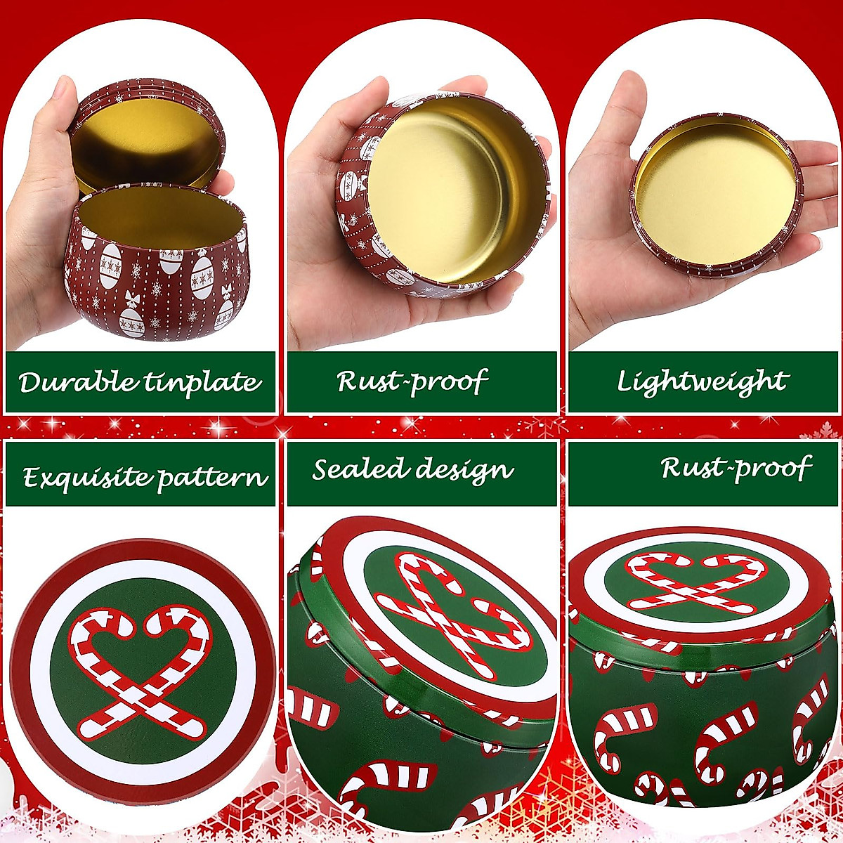 Uiifan 48 Pcs Christmas Candle Tins Cookie Tins Metal Candles Tin Gifts Jars with Lids 8 oz Candy Tinplate Retro Tins Round Containers for Candle Holiday Gift Giving Treat Biscuits Party Favors