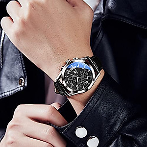 Men's Watches Black Face Silver Bezel Quartz Chronograph Watch for Men Arabic Number Luxury Mens Faux-Leather Bracelet Watches Multi-Function Easy Wear Classic Men Gifts for Him Watch Reloj De Hombre
