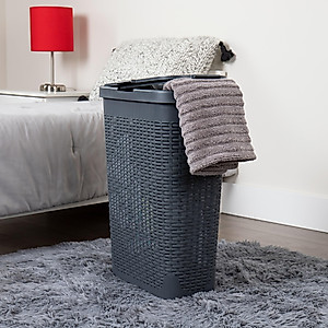 Mind Reader 40L Slim Laundry Hamper, Clothes Basket, Lid, Wicker Design, Plastic, 18"L x 10.4"W x 23.5"H, Gray