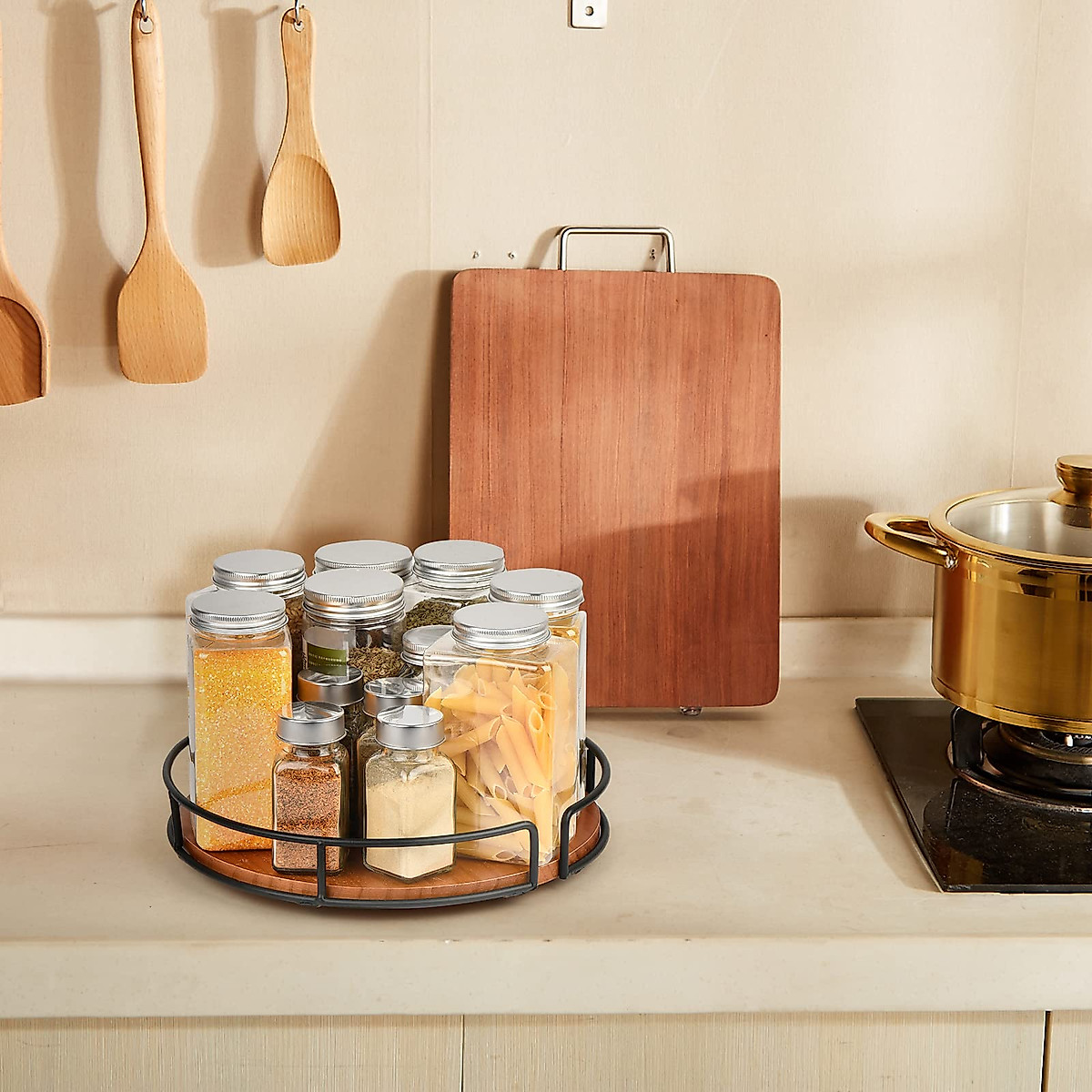 Set of 2, 10 Inch Lazy Susan Organizer - Non-Skid Wood Turntable Organizer for Cabinet, Pantry, Kitchen Countertop, Refrigerator, Spice Rack