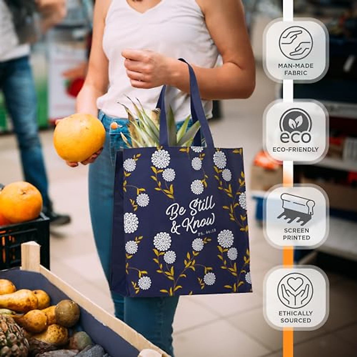 Christian Art Gifts Reusable Shopping Tote Bag for Women: Be Still & Know - Psalm 46:10 Inspirational Bible Verse, Easy-hold Collapsible Handbag for Groceries & Books, Spring White Floral, Navy Blue