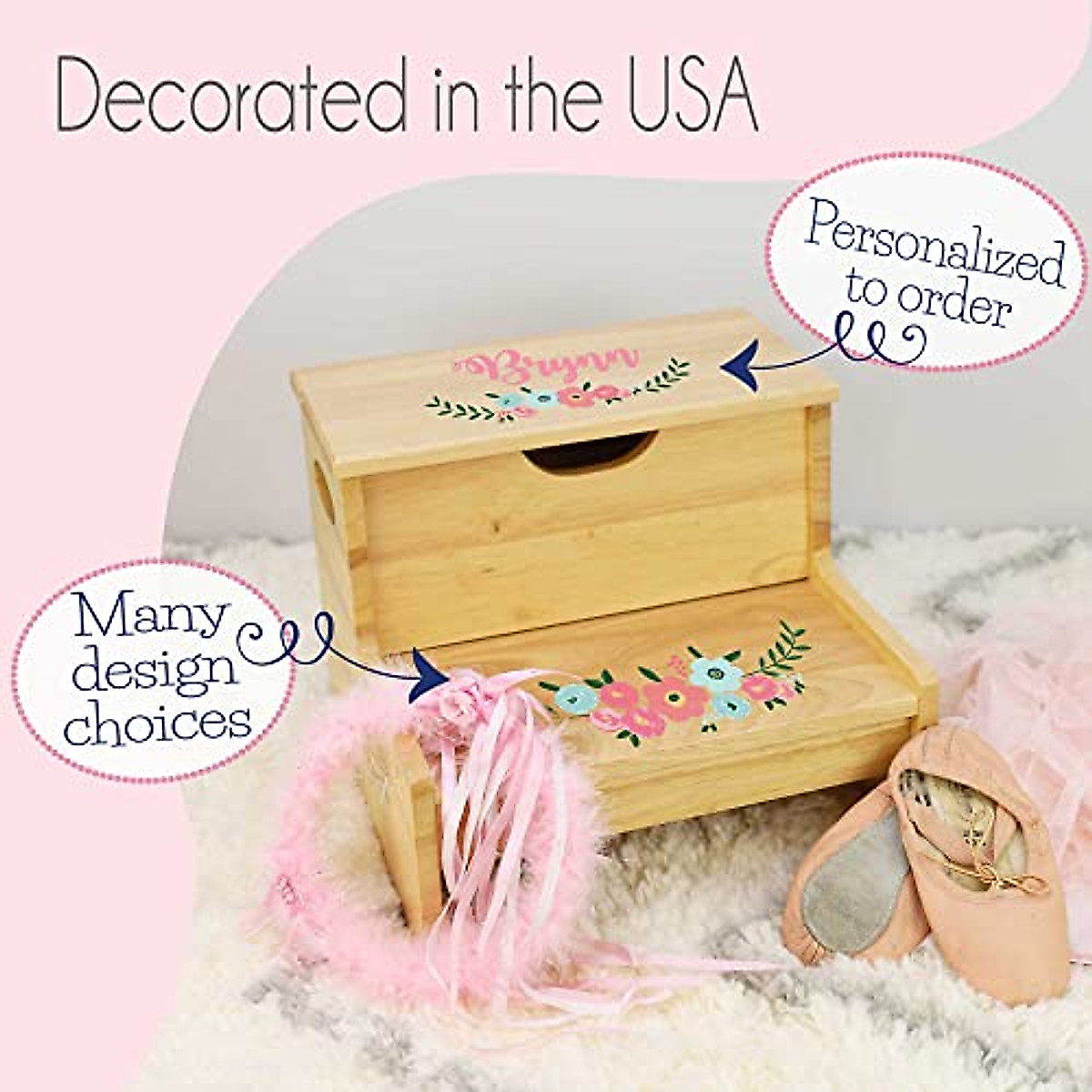 Personalized Blue Whale White Childrens Step Stool with Storage