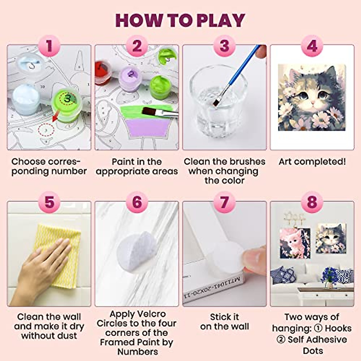 VINDIJA Framed Paint by Number for Adults Beginners - Cat Adult Paint by Number Kits on Canvas, 2 Pack Animals Paint by Numbers, DIY Oil Painting Acrylic Paints for Home Wall Decor Gift, 8x8in