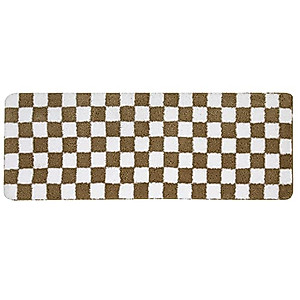 Chaelilife Checkered Bathroom Runner Rugs, Khaki Non Slip Bath Mats for Bathroom, Long Water Absorbent Bath Rug Soft Washable Geometric Shag Rug for Indoor Shower Tub Doormat, 18"x47"