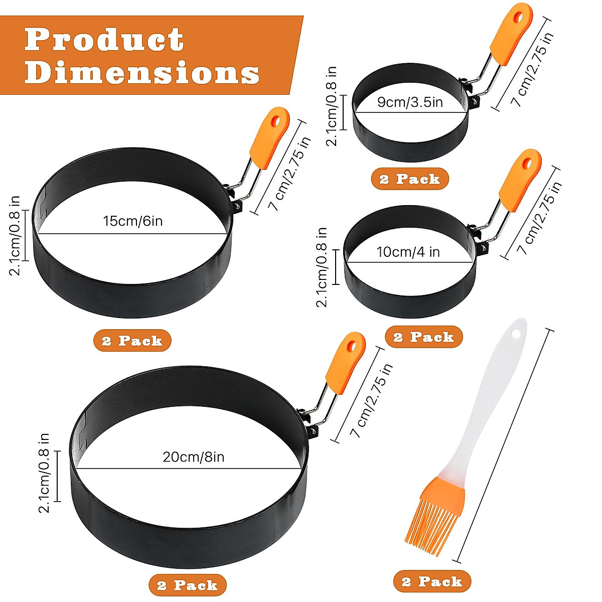 Akamino 10 Pcs Pancake Mold, 3.5,4,6,8 In Stainless Steel Egg Rings Set for Frying Eggs, Large Omelet Ring with Silicone Handle & 2 Pcs Oil Brush, Round Egg Maker for Griddle Muffins Breakfast