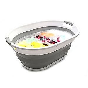 SAMMART 39L Collapsible Plastic Laundry Basket-Oval Tub/Basket-Foldable Storage Container-Portable Washing Tub-Space Saving Laundry Hamper, Water capacity:30L (Grey), Size : 24 x 17.7 x 10.75 inches