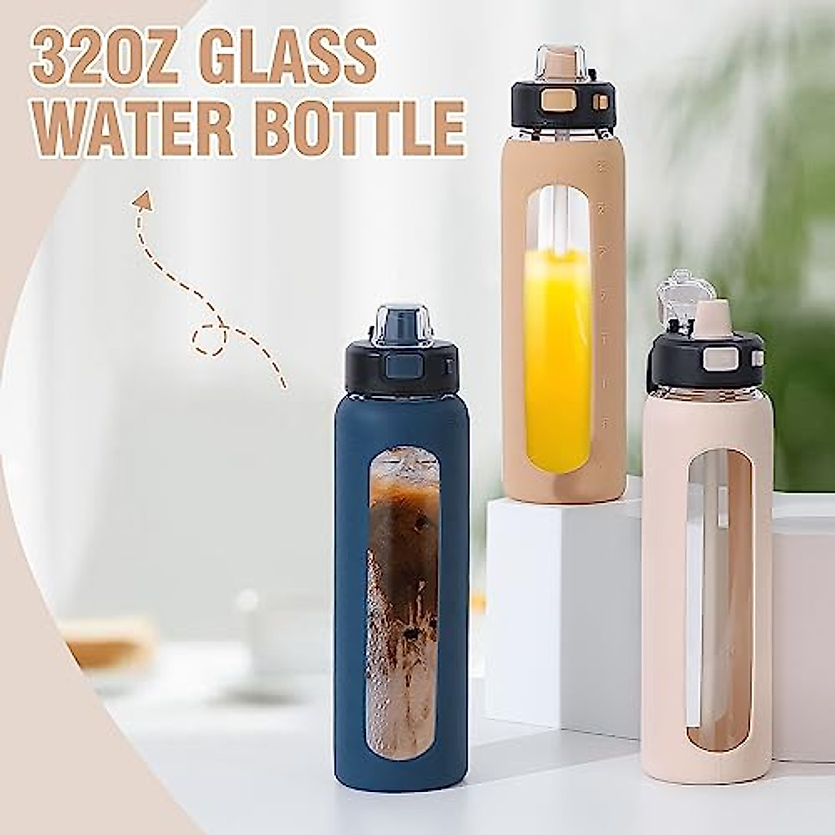 Kodrine Water Bottle with Soft Straw and Carry Loop, 32 oz Glass Water Bottle, Bottle with Locking Lid Leakproof, Sports Water Jug, Motivational Drinking Bottles for Gym Travel Home, Amber