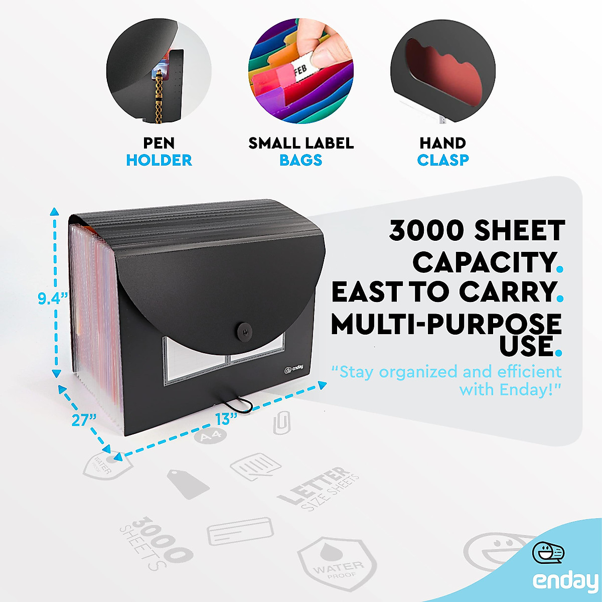 Accordion File Organizer 24 Pocket Expanding File & Cover Folder with Labels, Plastic Portable Desktop Letter A4 Paper Document Receipt Bill Storage, Filing Folder Organizer – by Enday