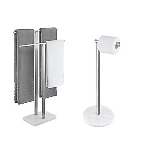 KES Standing Towel Rack & Natural Marble Toilet Paper Holder Stand, SUS304 Stainless Steel Brushed Finish, BTH217-2+BPH284S1-2