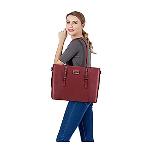 MOSISO PU Leather Laptop Tote Bag for Women (17-17.3 inch), Wine Red