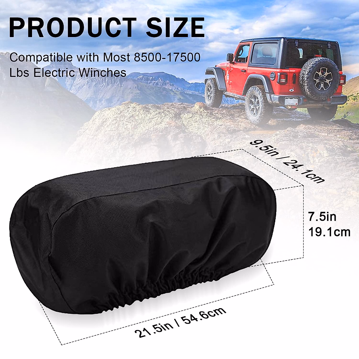 1PCS Winch Cover, Protect Your Winch from Dust and Water with Heavy-Duty Waterproof Cover, Ideal for Electric Winches 8500-17500 lbs, Indoor/Outdoor Use - Black, 21.5” x 9.5” x 7.5