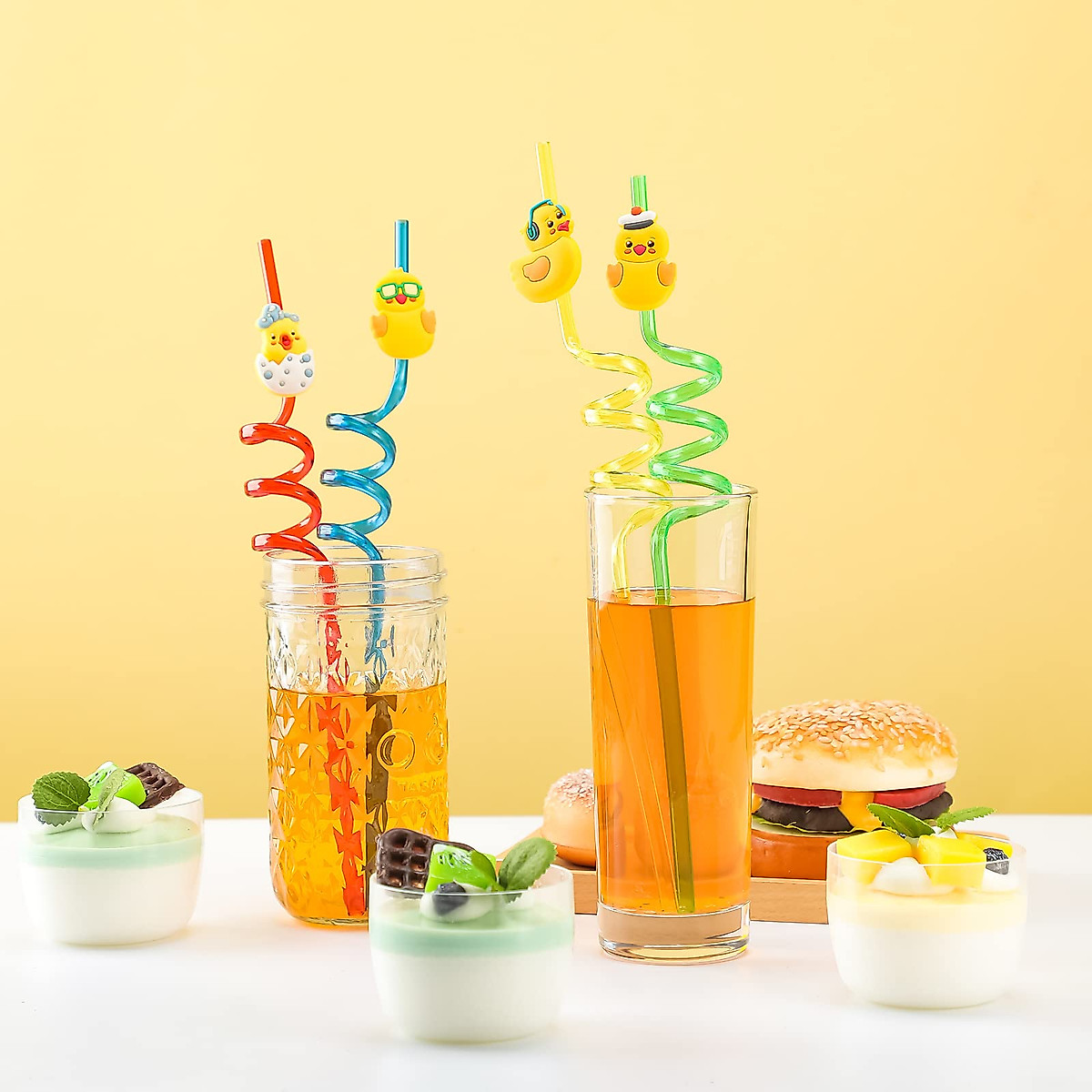 24 Pcs Duck Straws Duck Birthday Party Favors Duck Drinking Straws with 2 Pcs Cleaning Brushes Yellow Duck Theme Reusable Plastic Silly Straws for Kids Birthday Party Supplies, 8 Designs