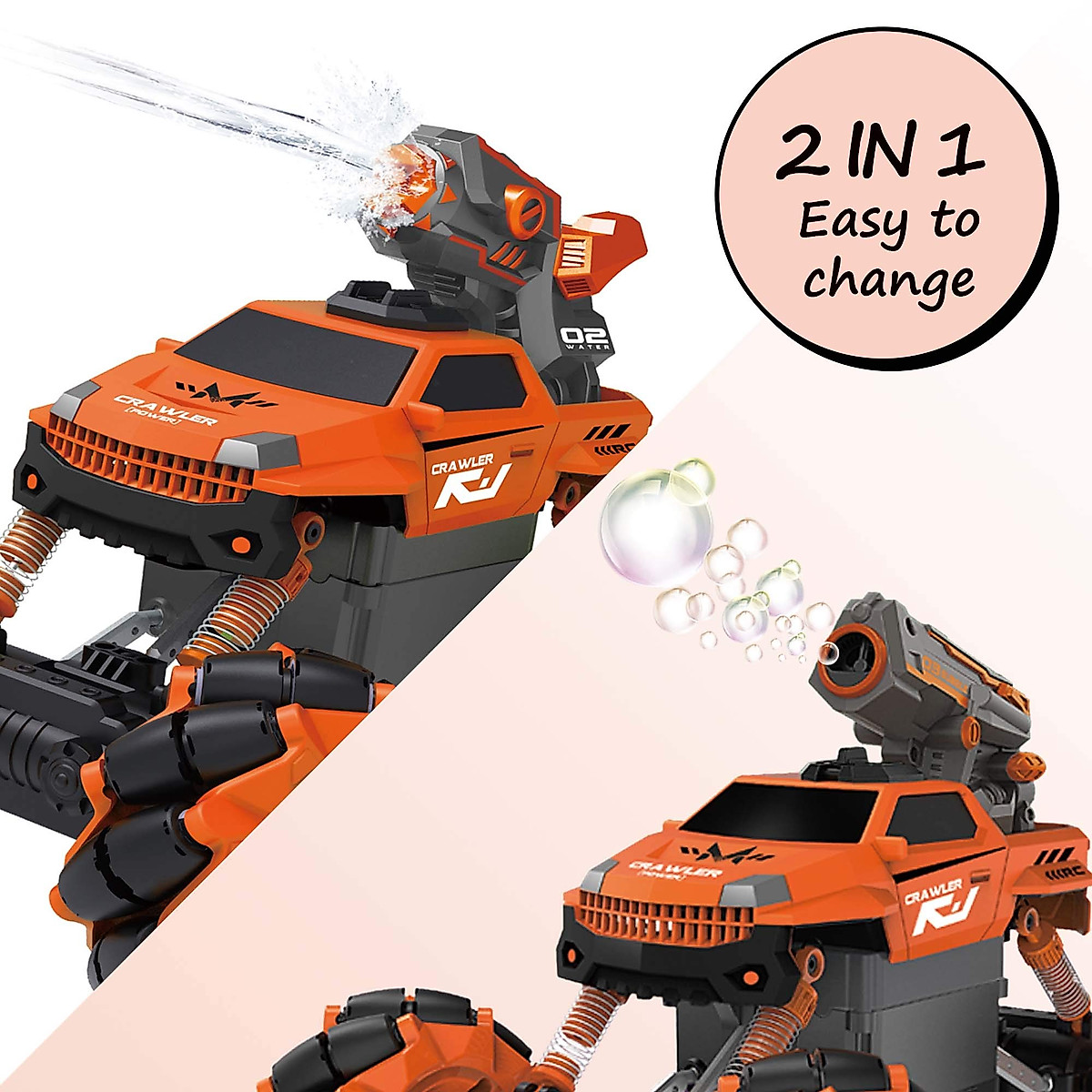 Vaiyer RC Rechargeable, Remote Control Stunt Car for Kids w/ 2-in-1 Interchangeable Toy Bubble Blaster and Water Gun Tops, Rock Crawler Off Road Vehicle w/ 360 Degree Movement (Orange)