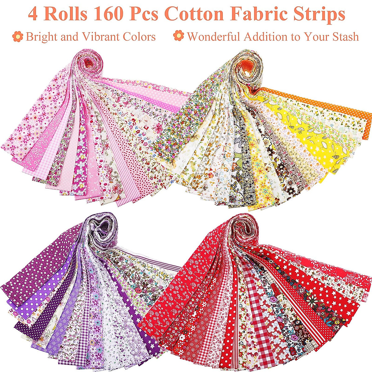 SmoothNovelty 160 Pcs 4 Roll Fabric Strips Assorted Quilting Fabric for Quilting Crafting and Sewing Rolled Cotton for Crafts Blanket Rug Upholstery and Purse Making (Cute Printing Style)
