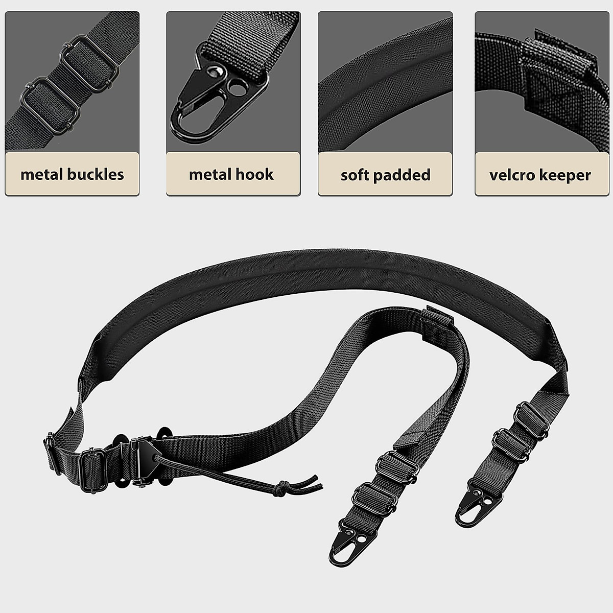 Two Point Traditional Sling Quick Adjust Rifle Sling All Metal Hardware with Wide Padded Shoulder Strap (Black)