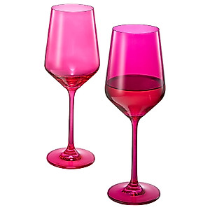 Hot Pink Wine Glasses | Set of 2 | Magenta & Blush Pink Classic Crystal Glassware, Unique Barware Glasses For Red and White, Cocktails, Champagne, Wine - Unique Gift For Wine Lovers (12 OZ)