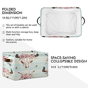 Collapsible Storage Bin Cube Floral Flower Animal Cow Skull Laundry Basket Hamper Toy Cloth Organization Bag with Handle for Pantry Nursery Home Office Shelve,2 PCS