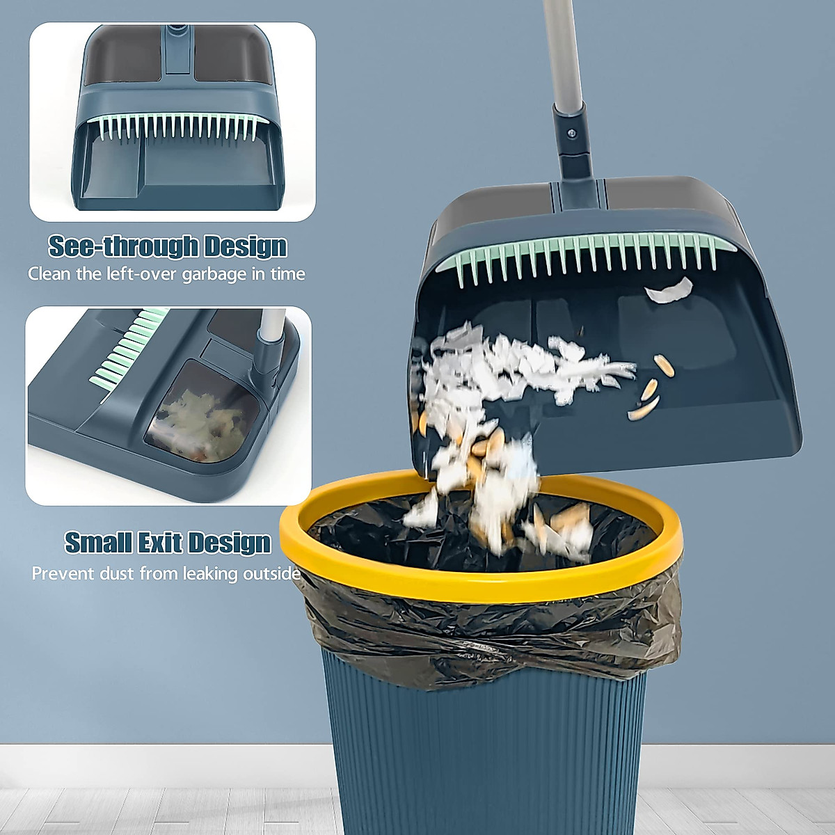 DALIPER Broom and Dustpan Set with Aluminum 54 Inches Long Handle, 180 Degree Swivel Broom and Upright Dust Pan with Hair Scraper for Home, Kitchen, Office, Indoor