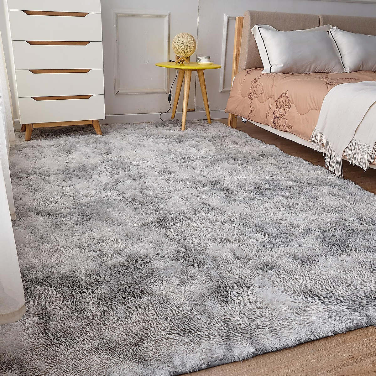 Floralux Fluffy Rugs for Bedroom Living Room,3x5 Feet Plush Shag Area Rug for Nursery Kids Room,Light Grey Tie dye Non Slip Fuzzy Shaggy Soft Room Carpets for Girls Boys Playroom