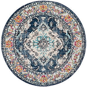 SAFAVIEH Monaco Collection Area Rug - 8' Round, Navy & Light Blue, Boho Chic Medallion Distressed Design, Non-Shedding & Easy Care, Ideal for High Traffic Areas in Living Room, Bedroom (MNC243N)