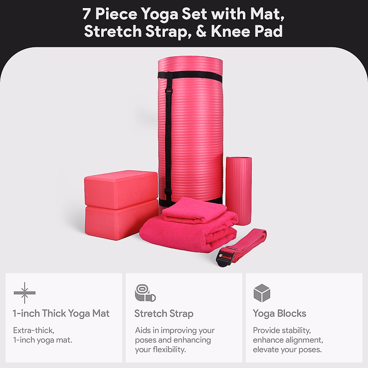 BalanceFrom 7-Piece Home Gym Yoga Set with 1-Inch Thick Yoga Mat, 2 Yoga Blocks, Mat Towel, Hand Towel, Stretch Strap & Knee Pad, Pink