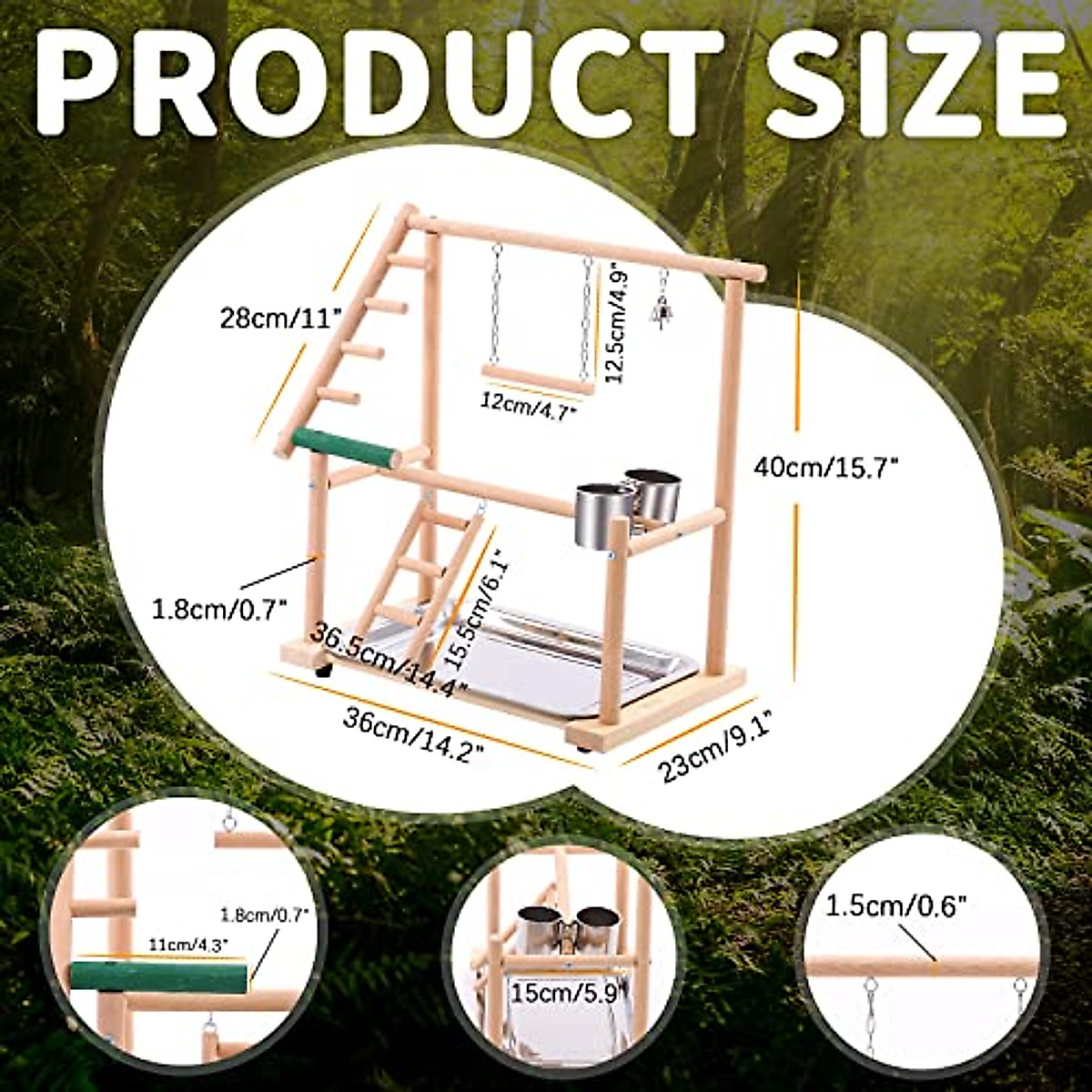 Bird Play Stand Parrots Playground Wooden Stick Perch，Bird Playpen Exercise Gym with Ladder Feeder Cup Bell Swing，Parrot Play Climb Gym for Parakeet Cockatiel Conure(Include a Tray)
