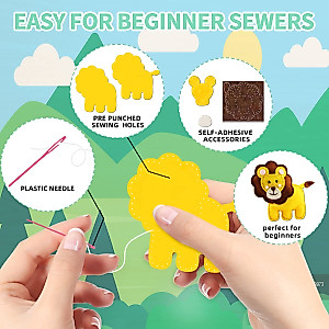 noonimum Craft Sewing Kit for Teens, Learn to Make Your Own Woodland Felt Animals First Sew Kit Beginner DIY Arts Set, Plush Craft Easy Sewing Stuffed Animals for Kids Girls Boys, Set of 7