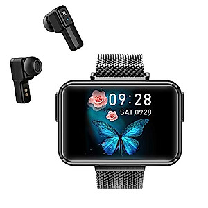 T91 Smart Bracelet 2 in 1 Smart Watch TWS Wireless Bluetooth Headset 1.4 Inch IPS Screen Health Monitor Fitness Tracker Earbuds Combo Running Music Wristband (Black Steel)