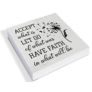 YIDOU Inspiration Dandelion Wood Box Sign Decor Desk Sign Accept What is Let Go of What was Have Faith in What Will be Wooden Box Block Sign Rustic Home Living Room Shelf Wall Decoration