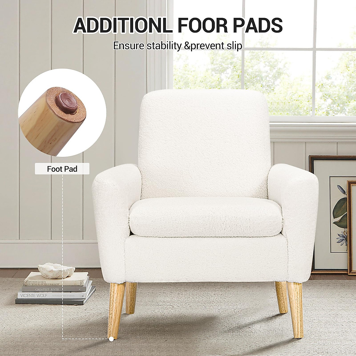 Lohoms Sherpa Accent Chair White Teddy Fabric Upholstered Comfortable Arm Chair Comfy Reading Chairs for Bedroom, Living Room Chair Small Sofa Chair with Wood Legs