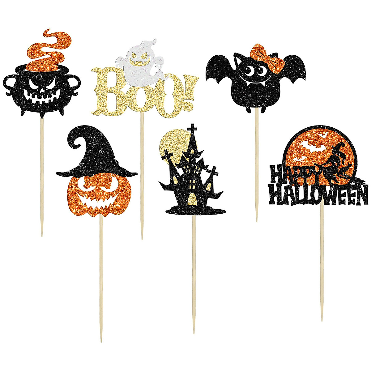 24Pcs Happy Halloween Cupcake Toppers Glitter Halloween Cupcake Picks Bat Pumpkin Ghost Cupcake Decorations for Halloween Theme Baby Shower Birthday Party Cake Supplies
