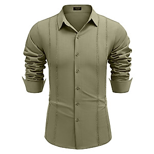 COOFANDY Mens Long Sleeve Cuban Guayabera Shirt Casual Summer Beach Button Down Shirts Green
