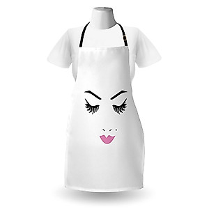 Ambesonne Eyelash Apron, Closed Eyes Pink Lipstick Glamor Makeup Cosmetics Beauty Feminine Design, Unisex Kitchen Bib with Adjustable Neck for Cooking Gardening, Adult Size, Fuchsia Black White