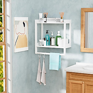 ADREMAN Bathroom Shelf Wall, Over The Toilet Storage Shelves Bamboo Bathroom Shelf Organizer Floating Wall Mounted with Hook and Hanging Rod for Bathroom,Kitchen,Toilet,Living Room (White)