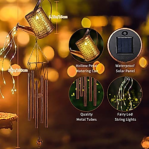 Brynnl Wind Chimes Outdoor, Solar Watering Can Wind Chimes with LED String Lights, Waterproof Garden Chimes with 5 Metal Tubes Pleasant Melody, Retro Hanging Decor Windchime for Garden Patio Yard