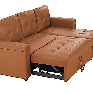 Perry Modern Sectional Sleeper Sofa with Pull Out Bed, Reversible Sleeper Sectional Sofa Bed, Best Sleeper Sofa Couch with 168L Storage, L-Shape Pull Out Couch Bed Sleeper Sofa - Caramel,Air Leather