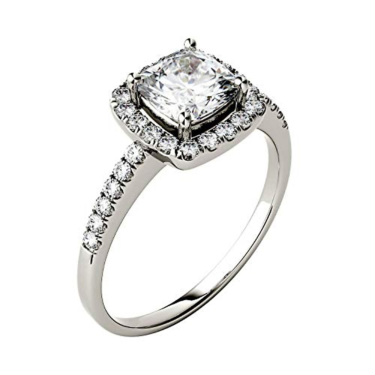 Charles & Colvard Created Moissanite 6mm Cushion Cut Engagement Ring for Women | 1.4 cttw DEW | Lab Grown | Solid 14K White Gold with Rhodium | Size 7