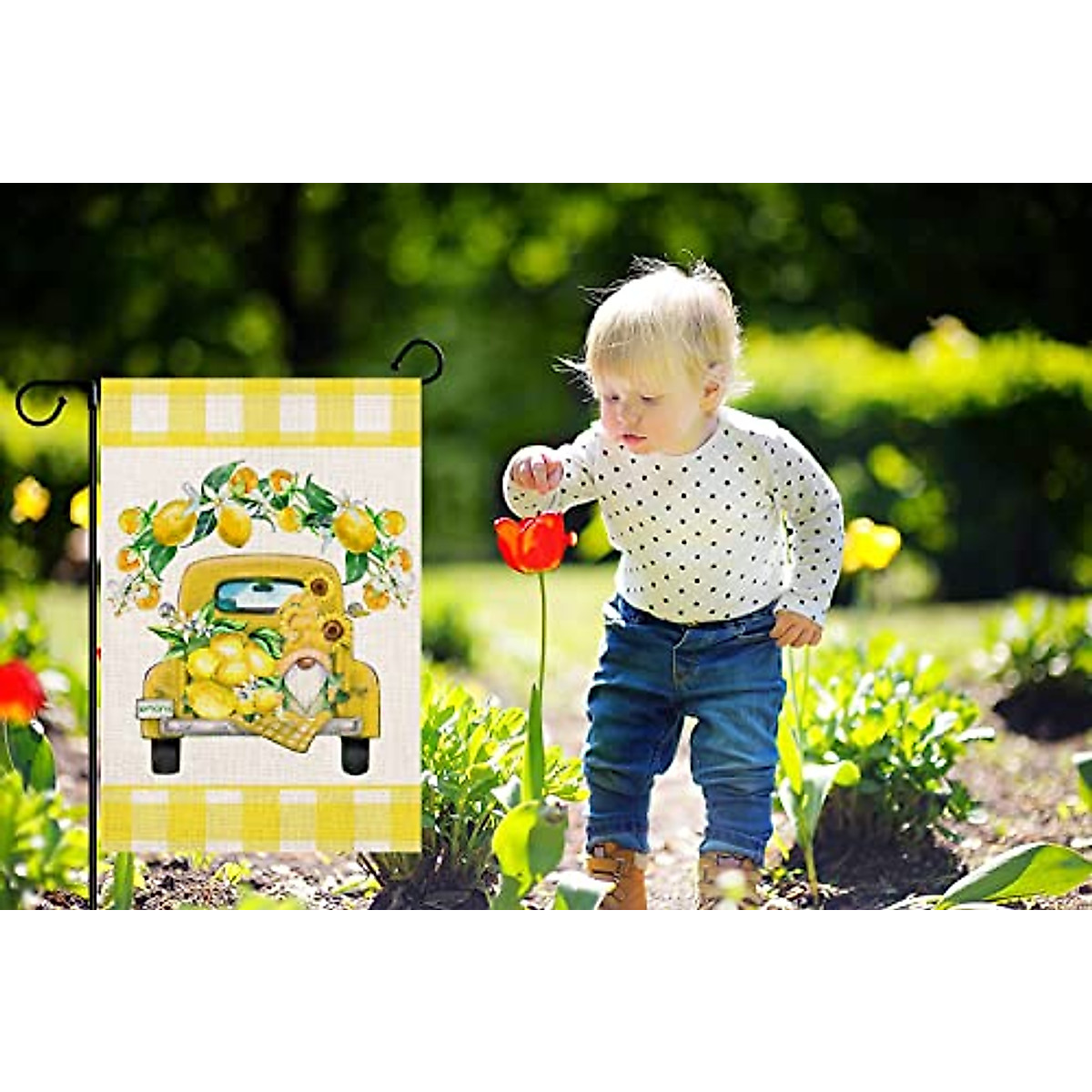 Yameeta Hello Summer Lemon Garden Flag 12.5x18 Inch Buffalo Yellow Truck with Lemons Gnome Sunflower Floral Farmhouse Decoration Double Sided Burlap Yard Lawn Outdoor Banner Flag