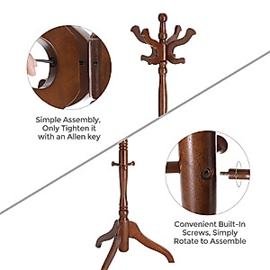 VASAGLE Coat Rack Free Standing with 11 Hooks, Wooden Hall Tree Coat Hat Tree Coat Holder with Solid Rubberwood Base for Coat, Hat, Clothes, Scarves, Handbags, Umbrella, Dark Walnut URCR05WN