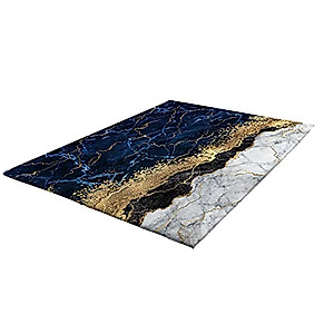 BlessLiving 3D Chic Marble Area Rug Soft White Marble Gilded Navy Blue Floor Mat Trendy Printed Design Reversible Large Carpet for Bedroom Kitchen Living Room, 4' x 6'