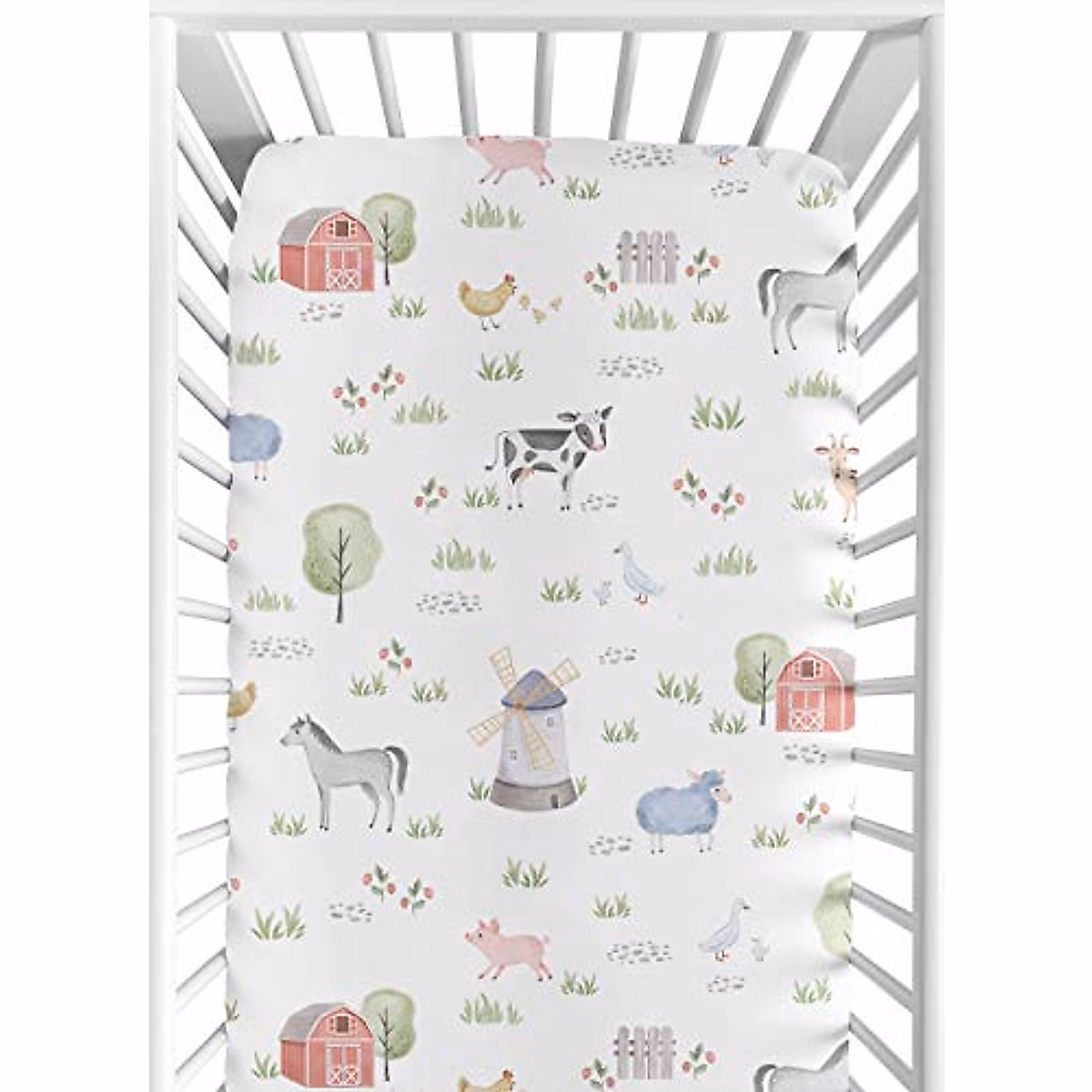 Sweet Jojo Designs Farm Animals Boy or Girl Fitted Crib Sheet Baby or Toddler Bed Nursery - Watercolor Farmhouse Horse Cow Sheep Pig