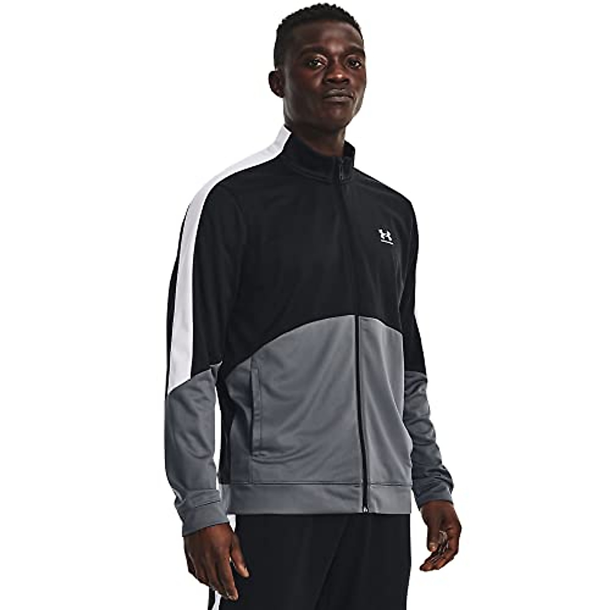Under Armour Men's Standard Tricot Fashion Jacket, (001) Black/Pitch Gray/White, Small