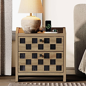 SICOTAS Wide Nightstands Set of 2 with Charging Station and USB-C Port, 24" Large Wood Night Stand with 2 Drawers, Bedside Table with Checkered Pattern Decor, End Side Table with Storage for Bedroom