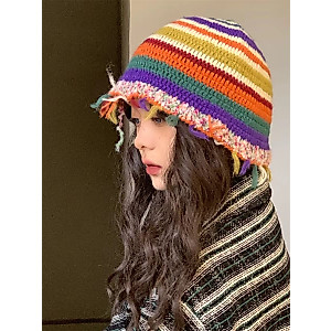 QOOEQPQY Women Stripes Winter Bucket Hat Handmade Crochet Beanie Cap Knitted Fuzzy Hat Colorful Fluffy Trim (Colorful)