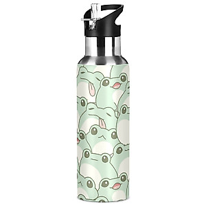 Glaphy Cute Frog Pattern Water Bottle with Straw Lid, BPA-Free, 32 oz Water Bottles Insulated Stainless Steel, for School, Office, Gym, Sports, Travel