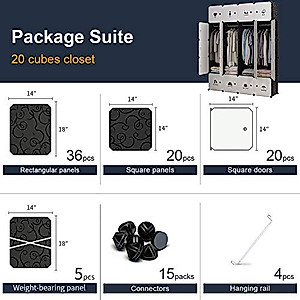 Aeitc Portable Wardrobe Closets 14"x18" Depth Cube Storage, Bedroom Armoire, Storage Organizer with Doors, 20 Cubes, Black