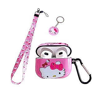 Cute Interesting Hello Cartoon Design Soft TPU Airpod 3rd Generation Case，with Unique Fashion Kawaii Pink Cat Lanyard Keychain，AirPod 3rd Case Cover for Women and Girls
