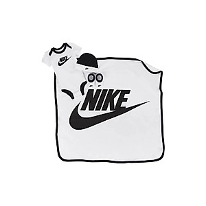 Nike Baby`s Core Future Blanket, Bodysuit, Hat And Booties 4 Piece Set (White(NN0451-001)/Black, 0-6 Months)